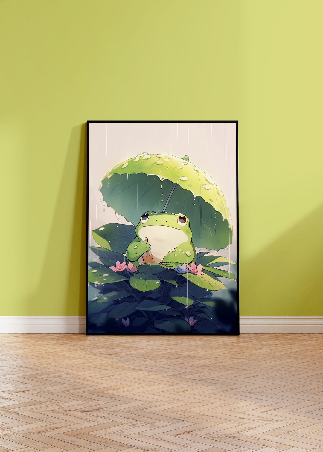Matte Paper Poster, Anime Manga Frog Sheltering From the Rain Under a ...
