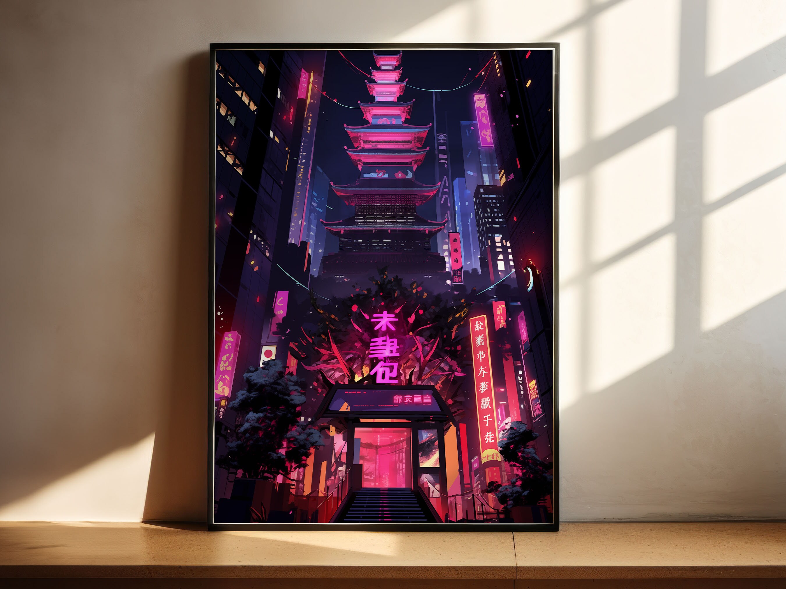 Cyberpunk Urban Temple Poster, Japan by Night Tower, Quality Poster ...
