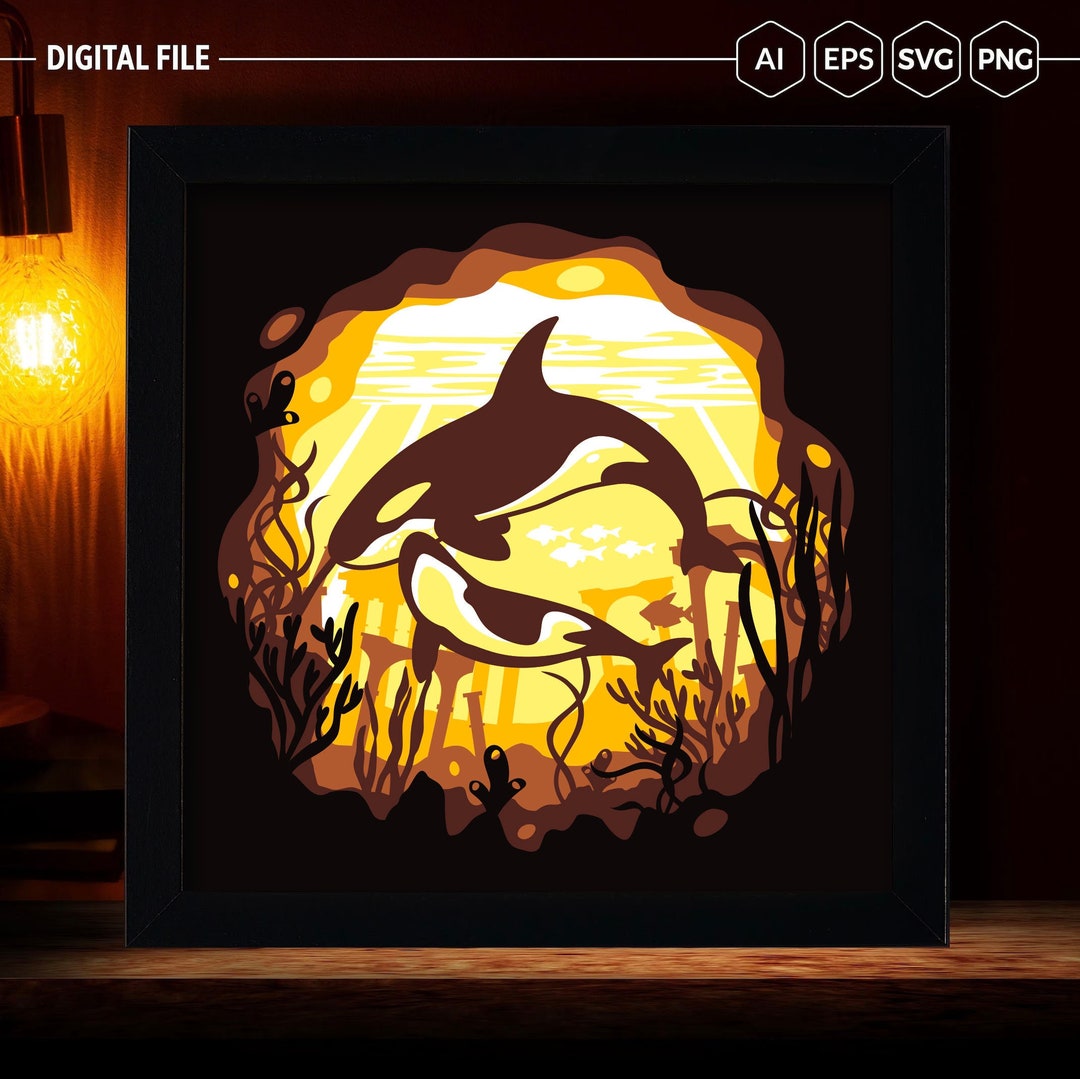 Simple Orca Whales Paper Cut Light Box Template, SVG Digital Download ...