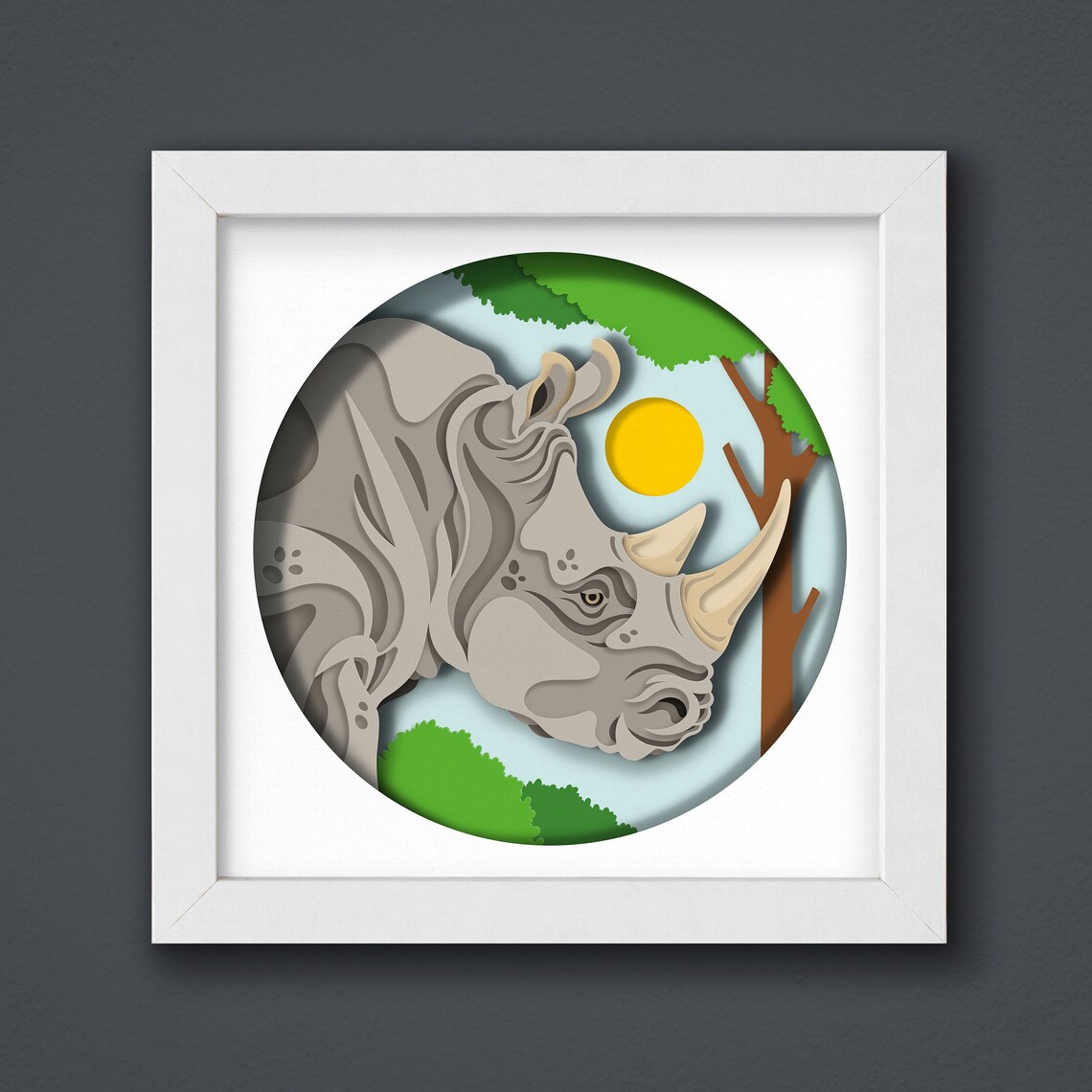 3D Rhino Shadow Box, Rhino Paper Cut, Rhino Svg, Rhino Cut Files, Rhino ...
