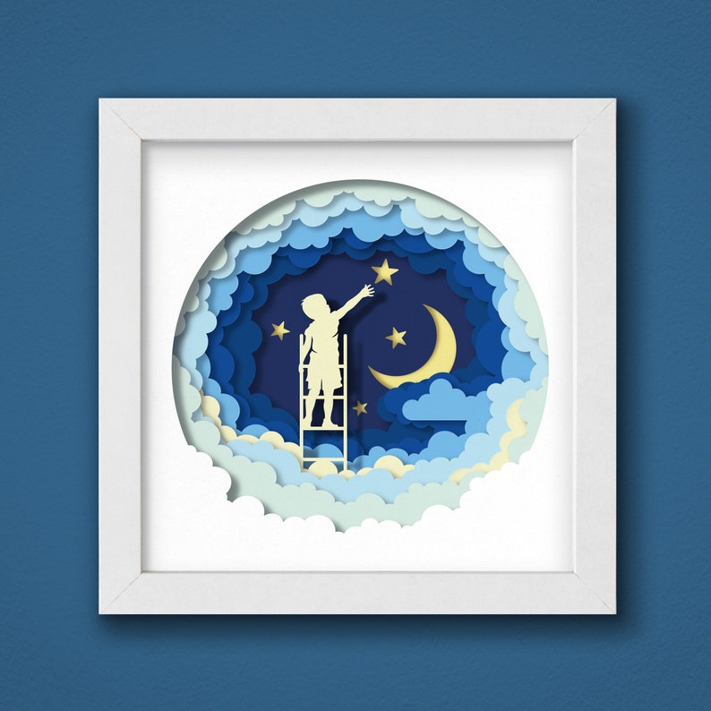 Boy Reaching Stars Shadow Box, 3D Layered Paper Cut File (SVG Digital ...