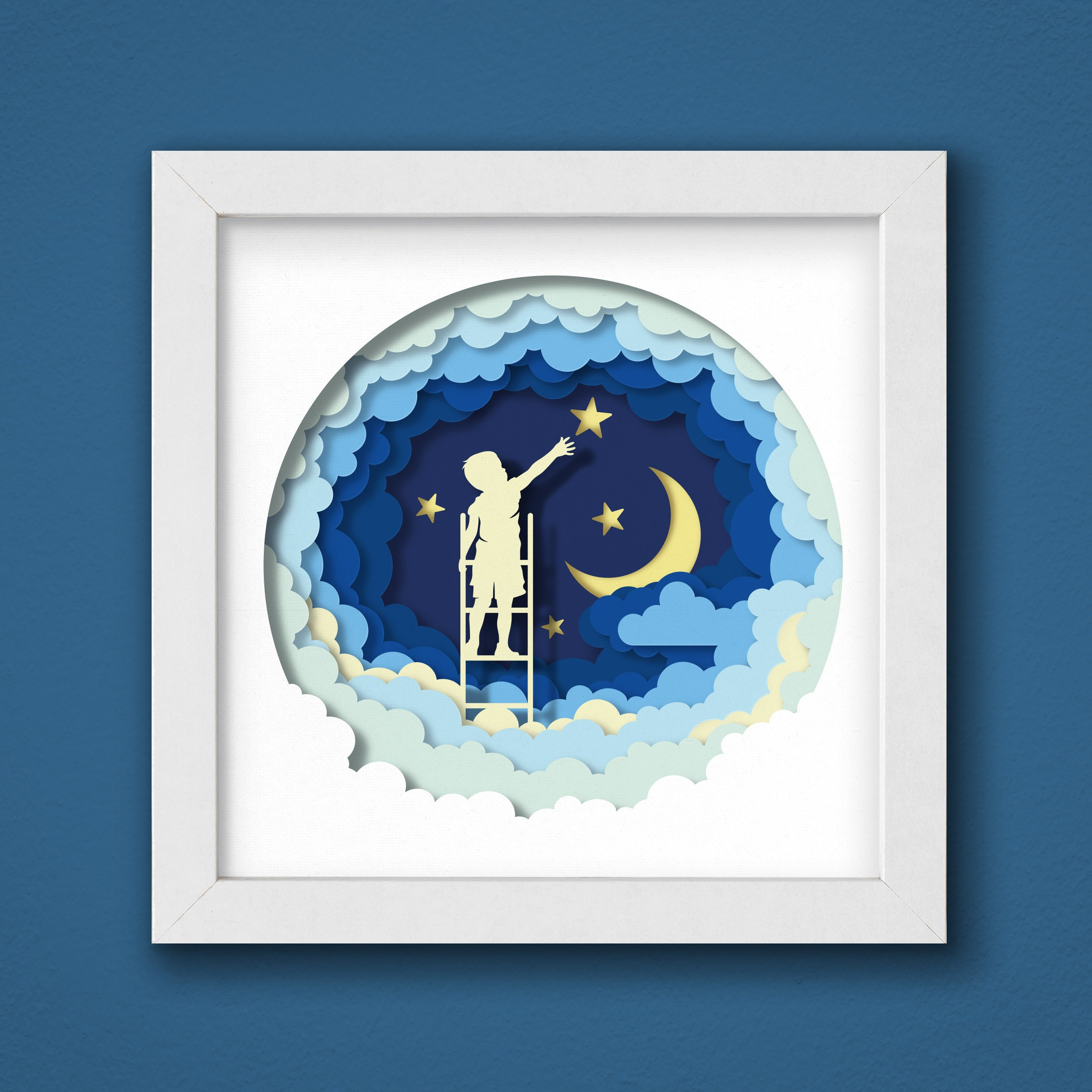 Boy Reaching Stars Shadow Box, 3D Layered Paper Cut File (SVG Digital ...