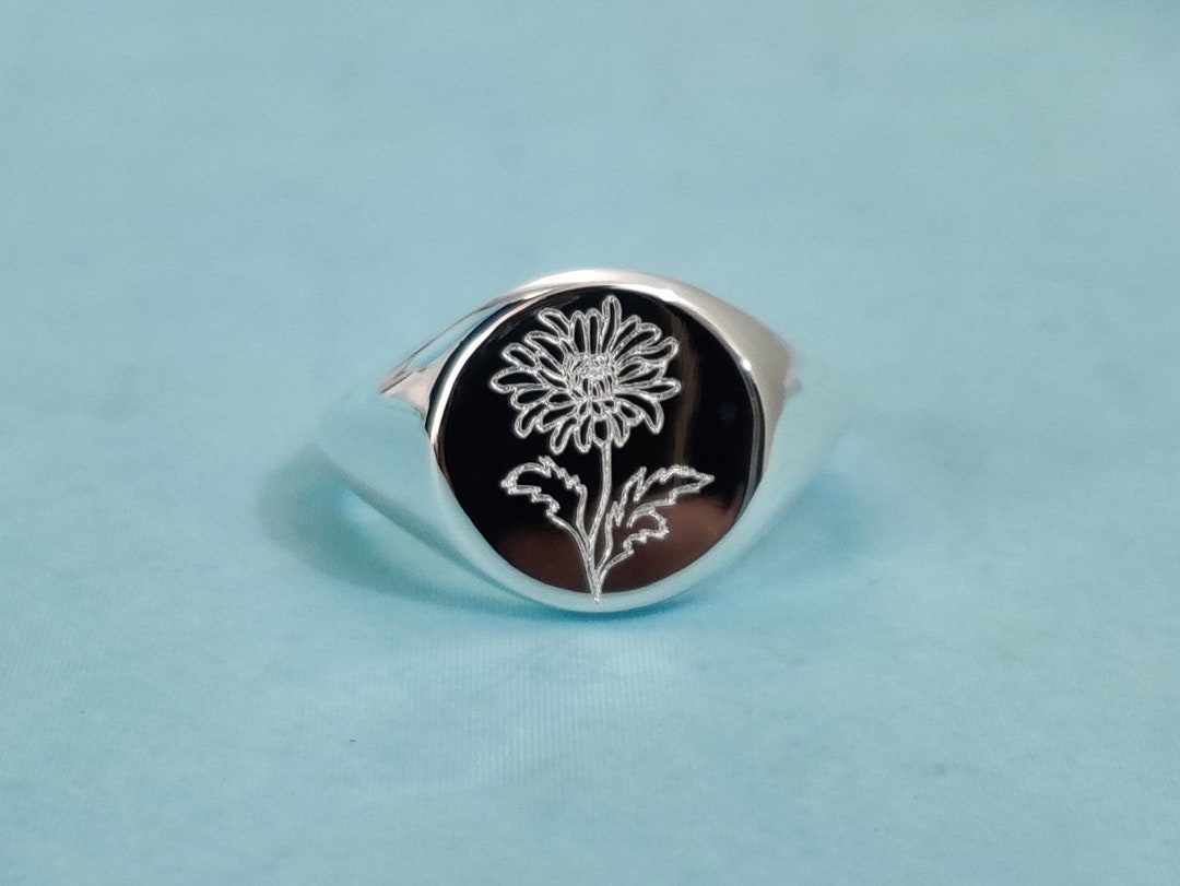 Personalized Birth Flower Ring, 925 Silver Signet Jewelry, Gift for Her ...