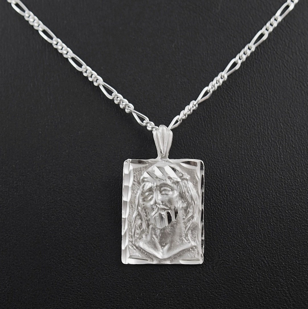 925 Sterling Silver Jesus Piece Face Pendant & 24" 2.2mm Figaro Link ...