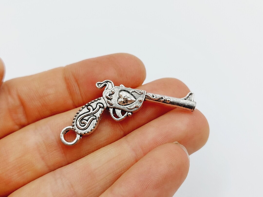 2 Revolver Love Gun Charms in Silver Tone (3 Dimensional Double Sided ...