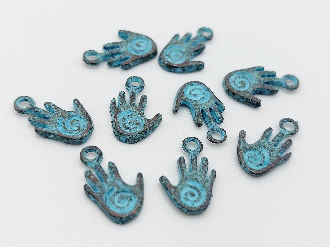 10 Hand Charms in Green Patina With Healing Spiral (protection Healing ...
