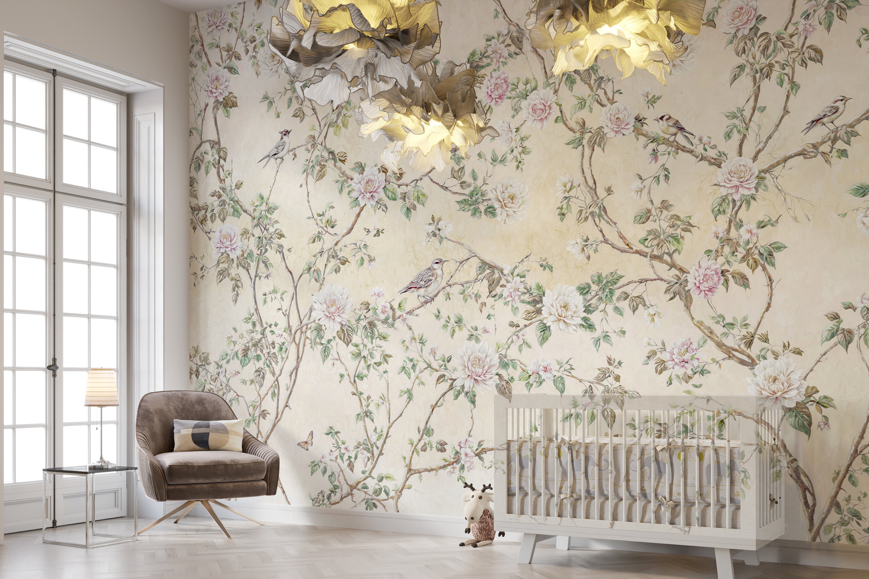 Chinoiserie Wallpaper Mural Beige, Birds Tree Branches Wallpaper ...