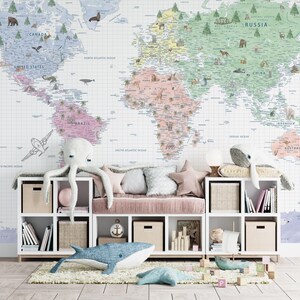 Educational Word Map Wallpaper Mural, Colorful World Map for Kids, USA ...