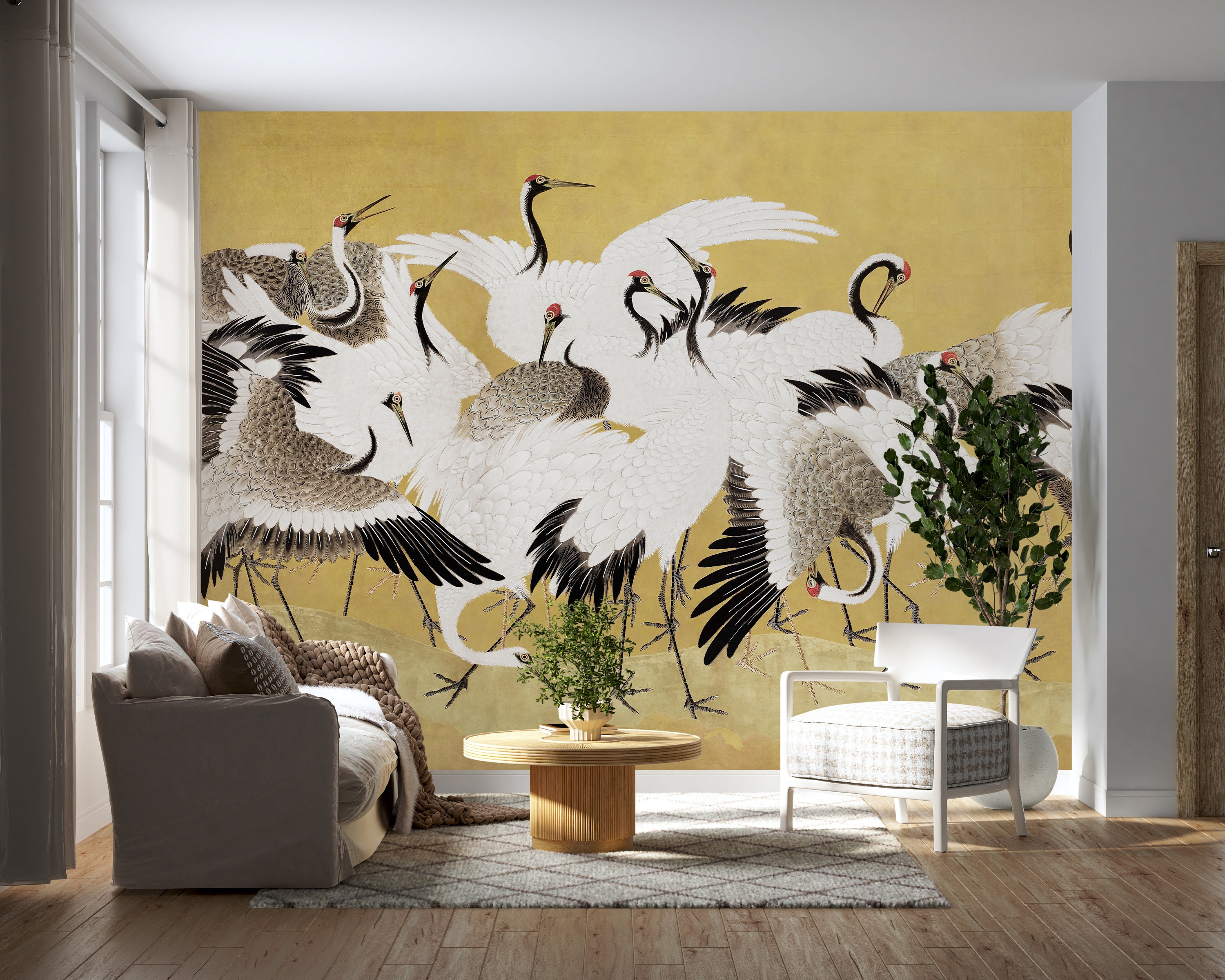 Flock of Cranes Wallpaper With Color Options, Vintage Crane Birds ...