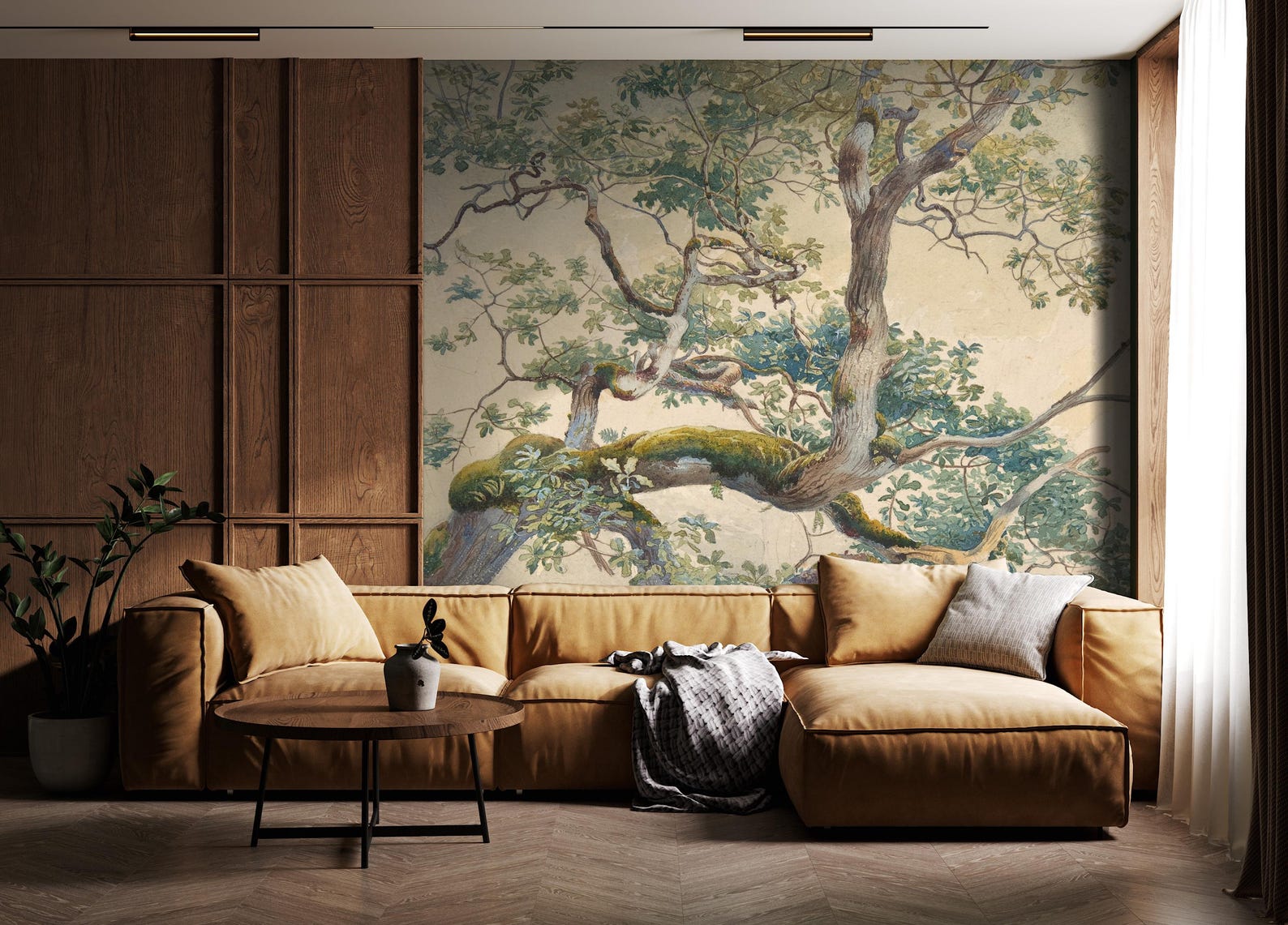 Vintage Oak Tree Mural Wallpaper, Moss Green Botanical Peel and Stick ...