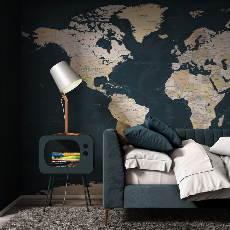 Navy Blue World Map Wall Art, Detailed World Map Wallpaper, World Map ...