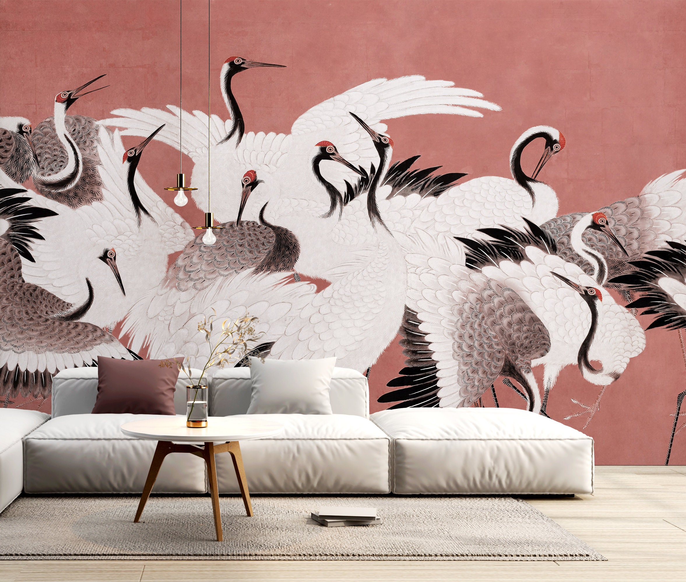 Flock of Cranes Wallpaper With Color Options, Vintage Crane Birds ...