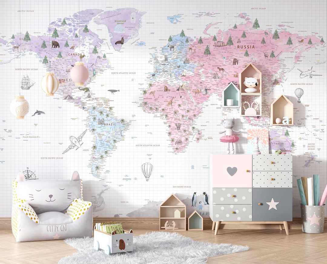 Kids World Map, Nursery Room World Map, Detailed World Map for Kids, Peel and Stick World Map ...