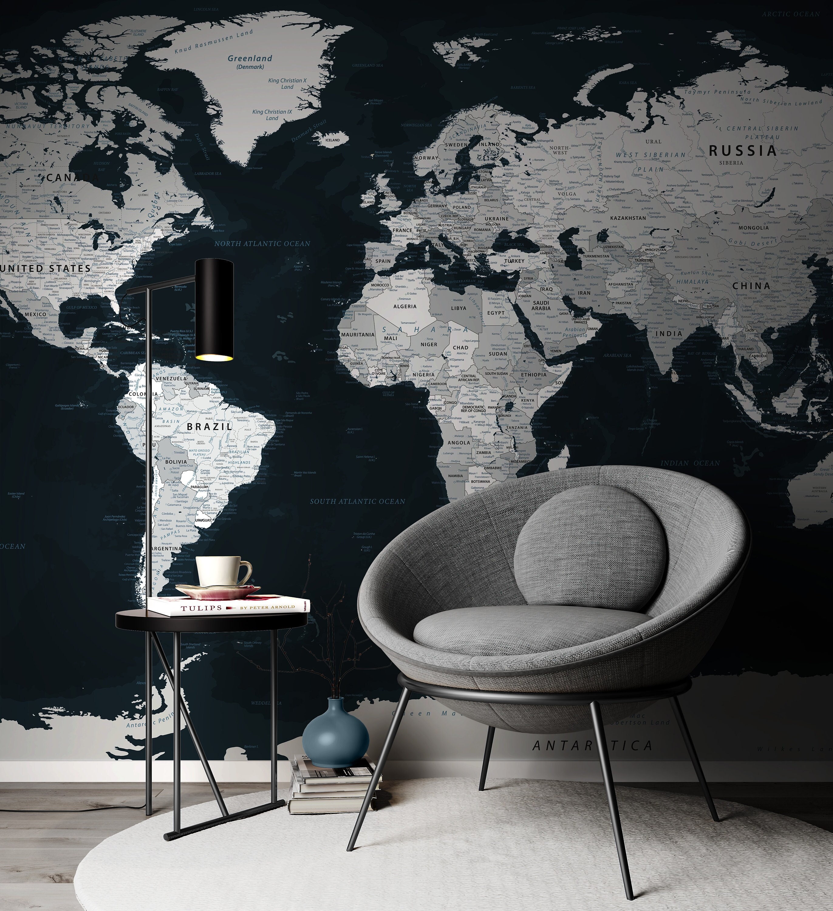 Dark World Map Wallpaper, Large World Map Wall Decal Sticker, Detailed ...