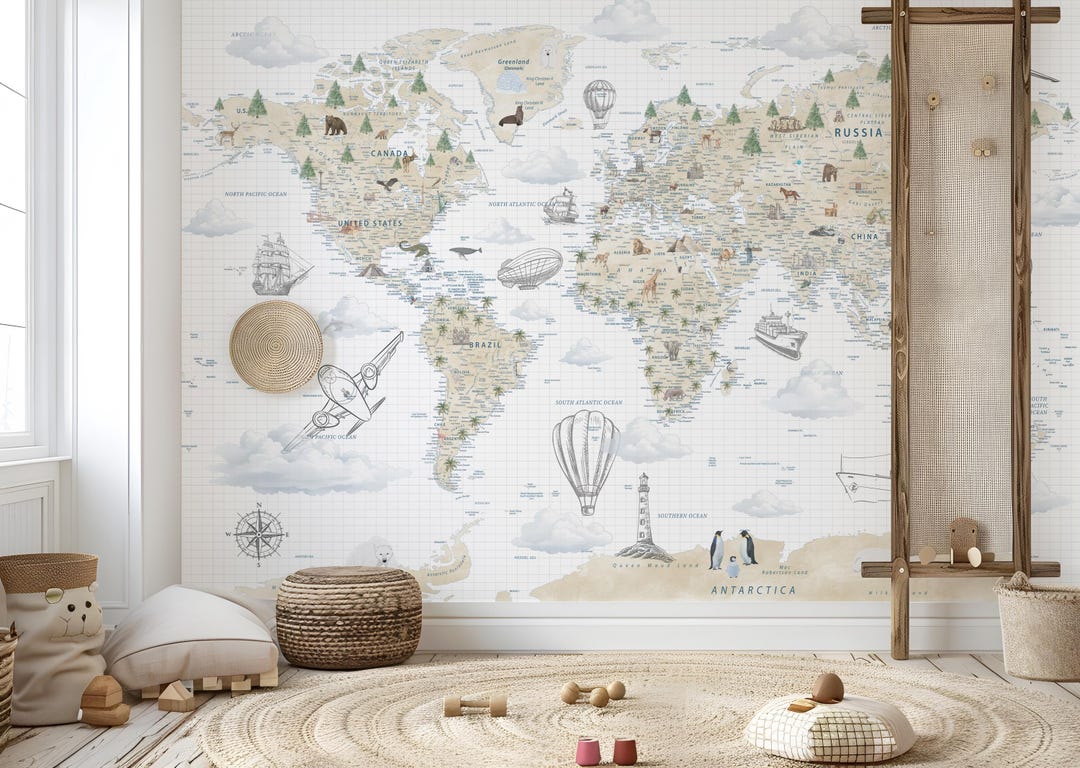 Beige Watercolor World Map Wallpaper, Kids Education, Peel and Stick - Etsy