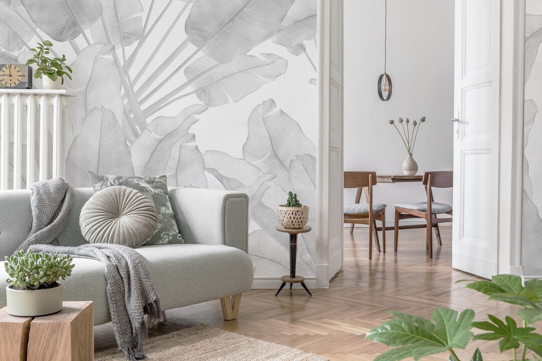 Gray Banana Leaves Wallpaper, Tropical Removable Mural - Etsy