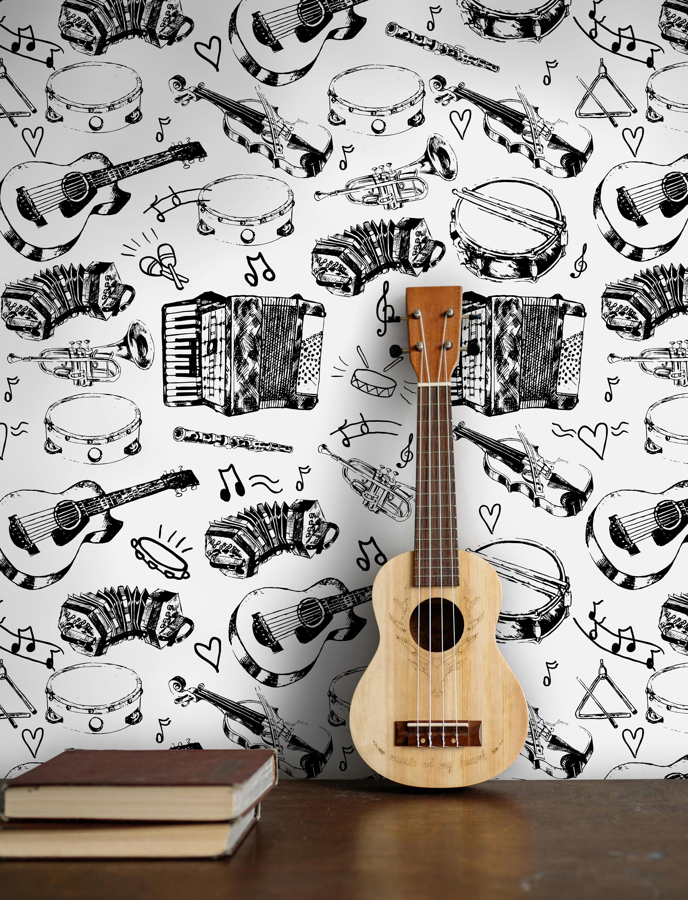 Black and White Musical Instrument Wallpaper | Music Room Decor - Etsy