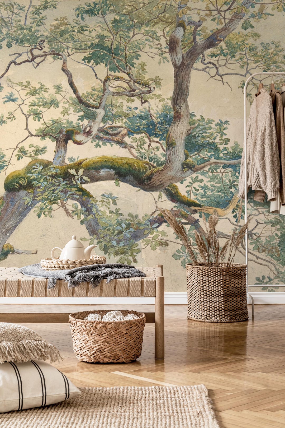 Vintage Oak Tree Mural Wallpaper, Moss Green Botanical Peel and Stick ...
