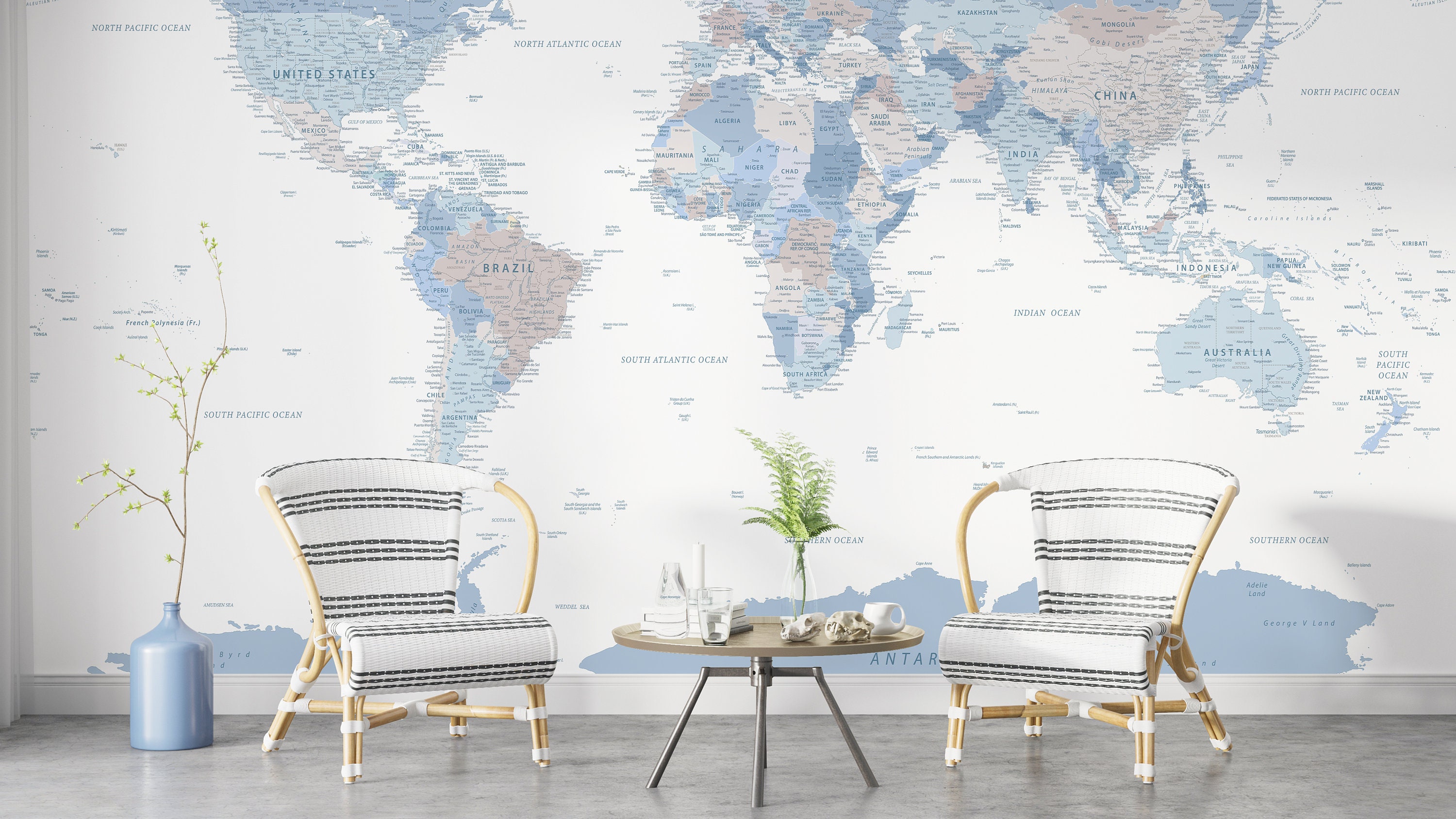Blue White Detailed World Map Wall Mural, Travel Map Wallpaper, World ...