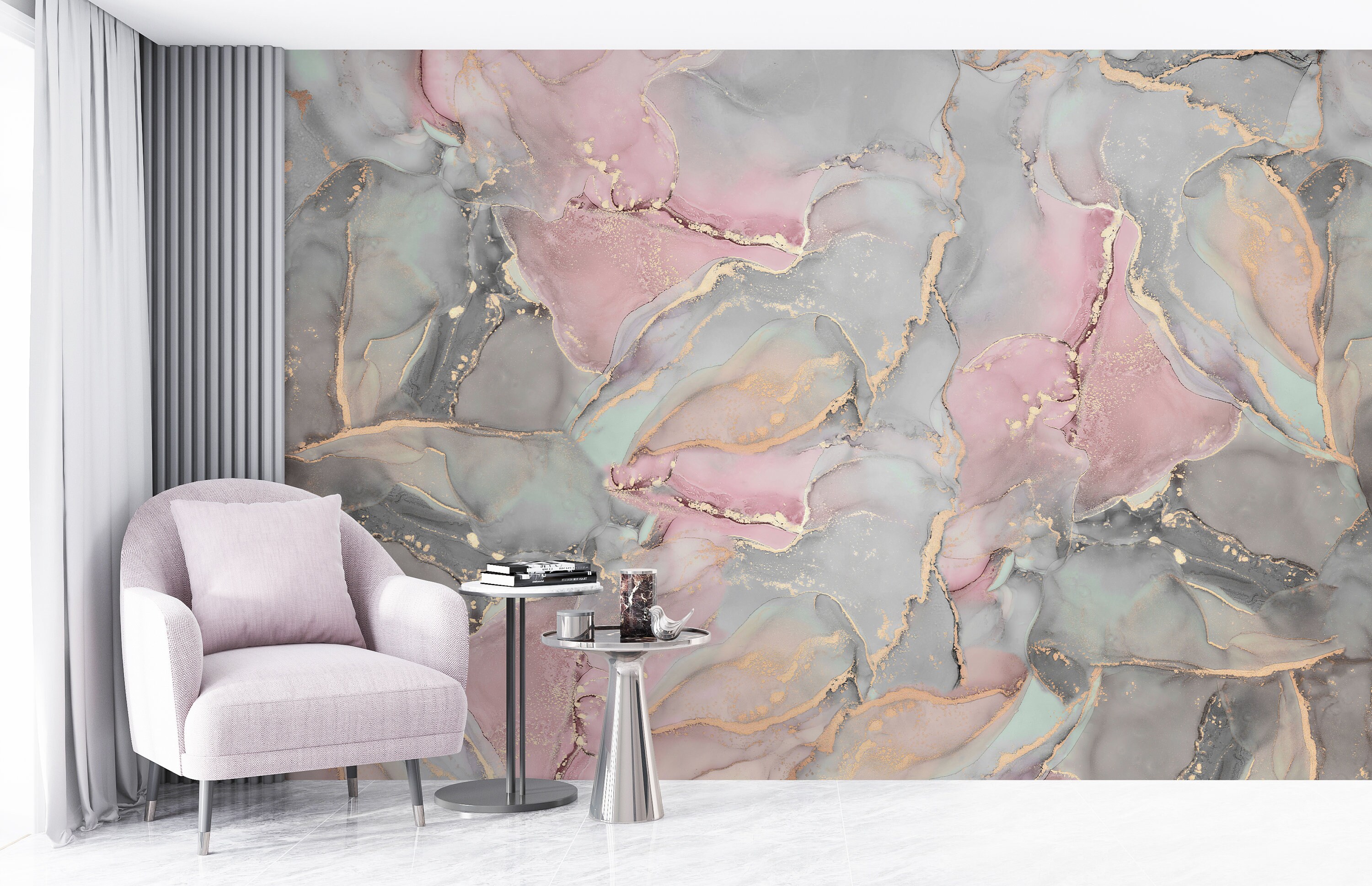 Gray Pink Marble Wallpaper, Modern Abstract Art, Removable or Peel and ...