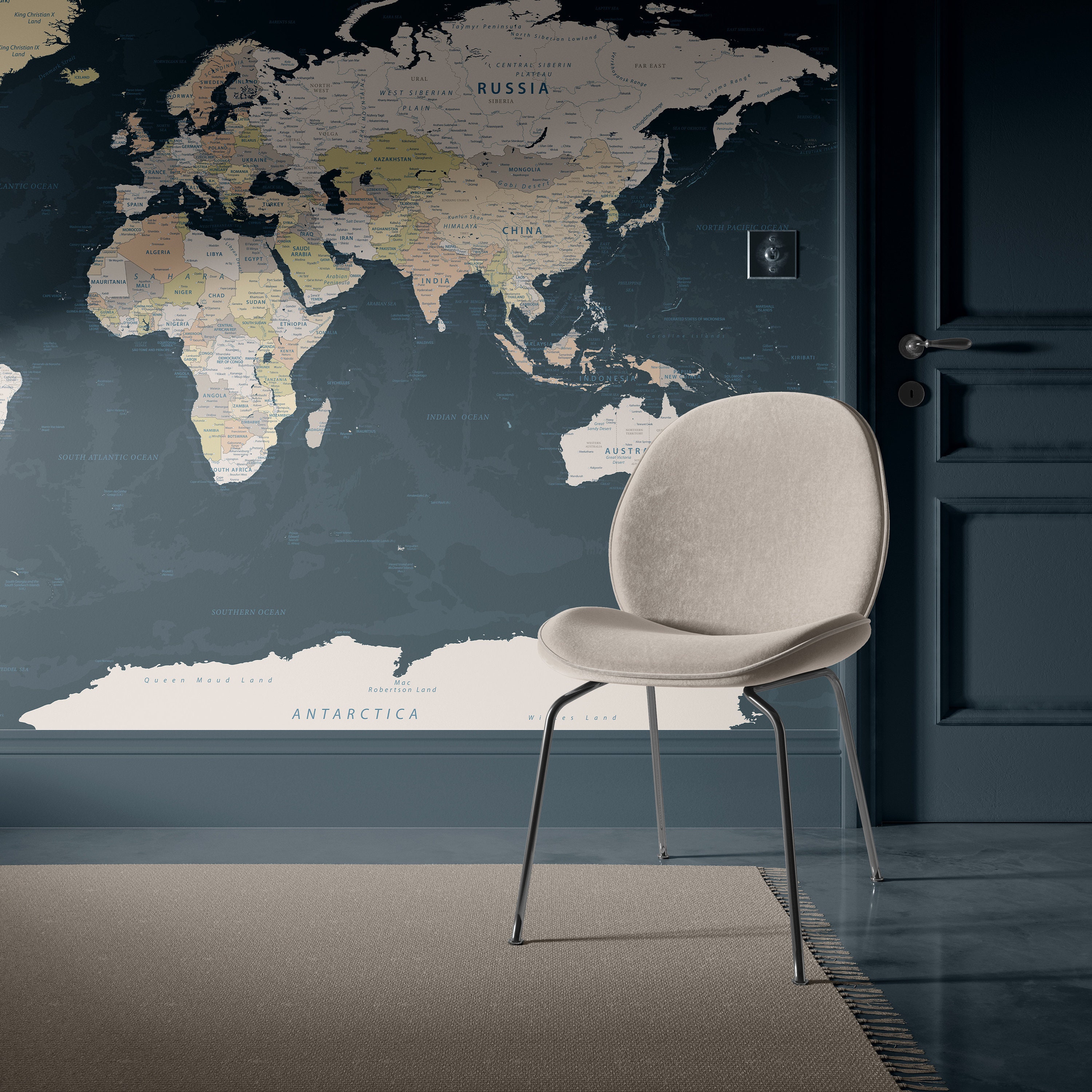 Navy Blue World Map Wall Art, Detailed World Map Wallpaper, World Map ...