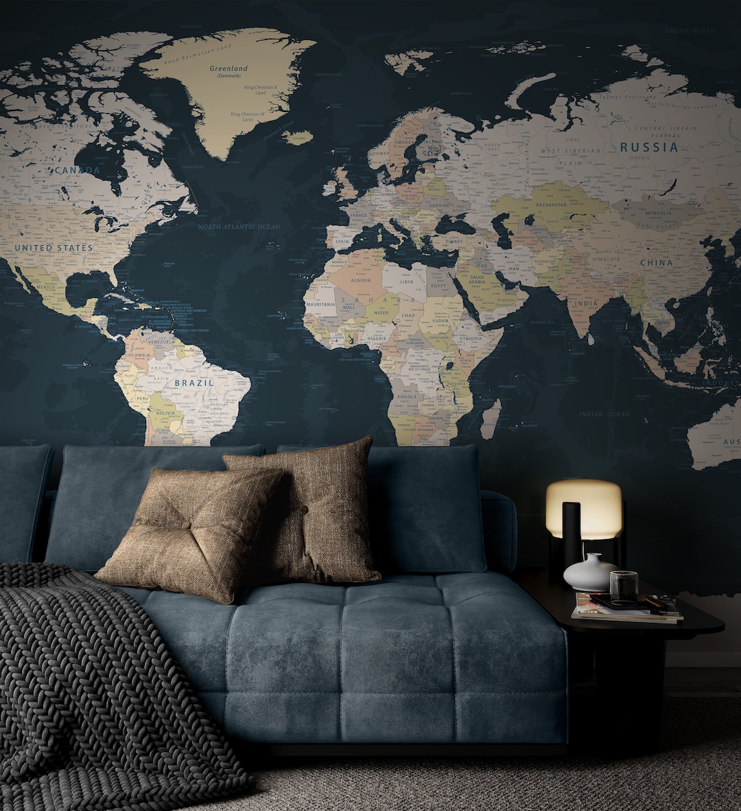 Navy Blue World Map Wall Art, Detailed World Map Wallpaper, World Map ...