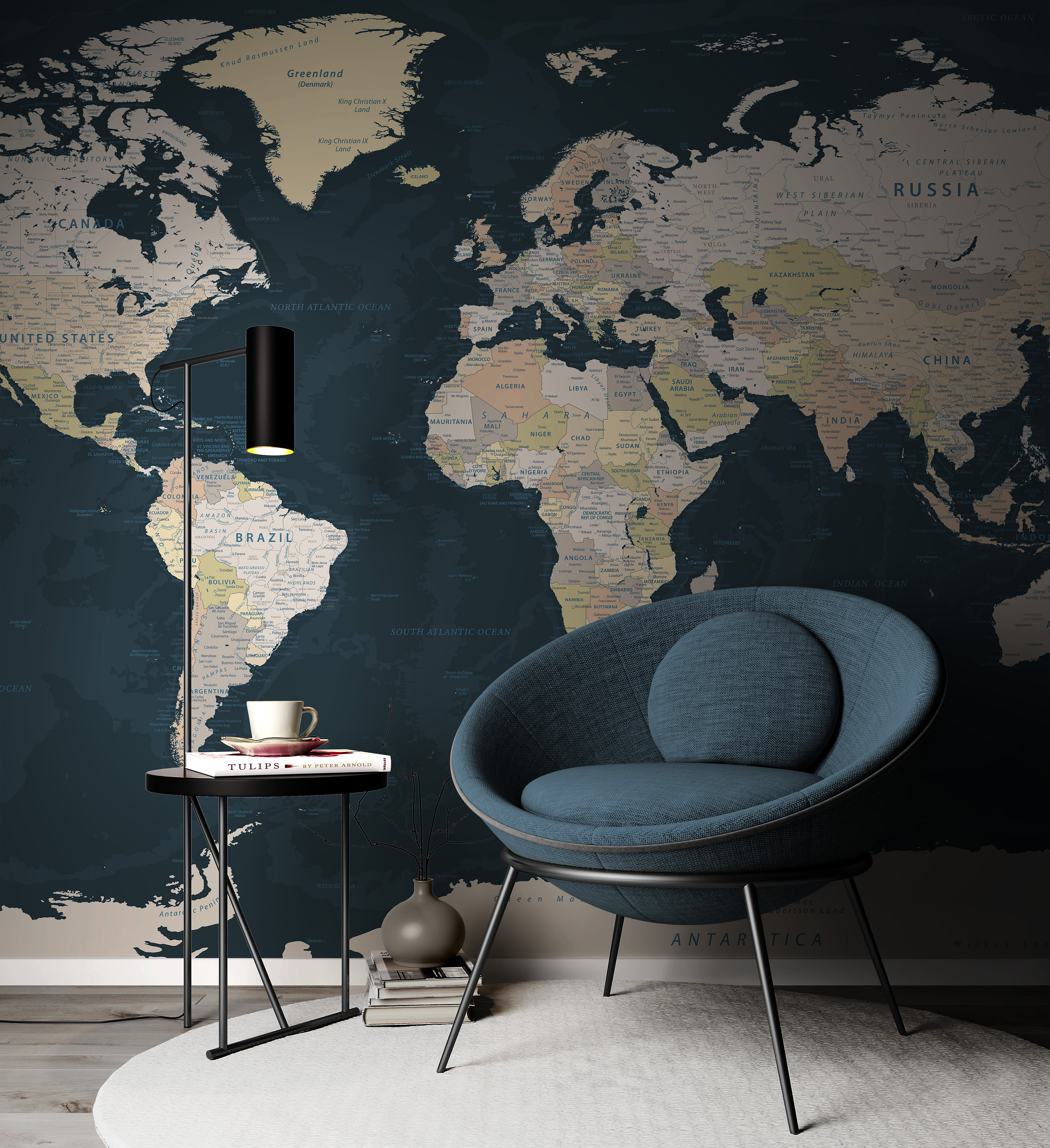 Navy Blue World Map Wall Art, Detailed World Map Wallpaper, World Map ...