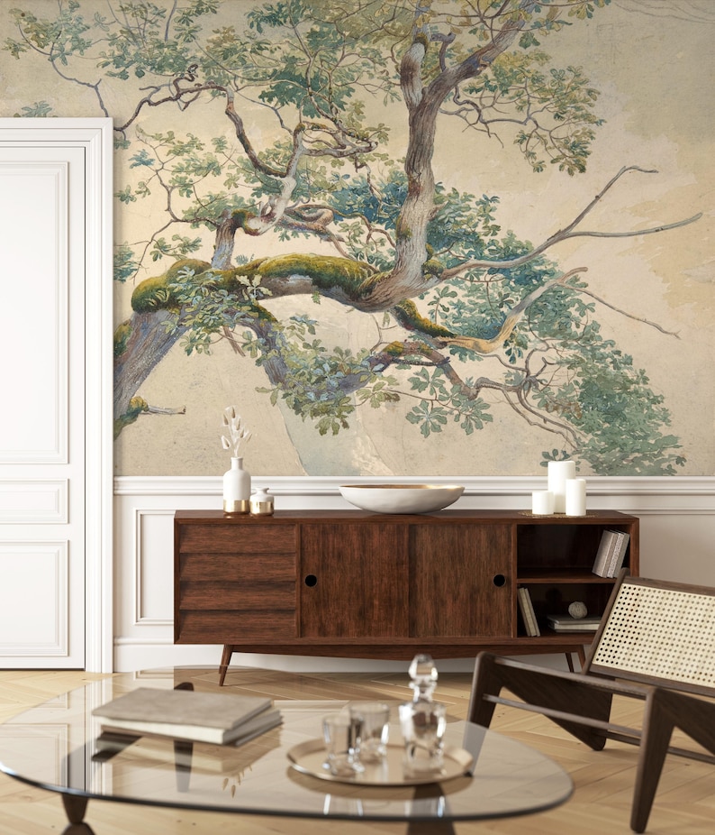 Vintage Oak Tree Mural Wallpaper, Moss Green Botanical Peel and Stick ...