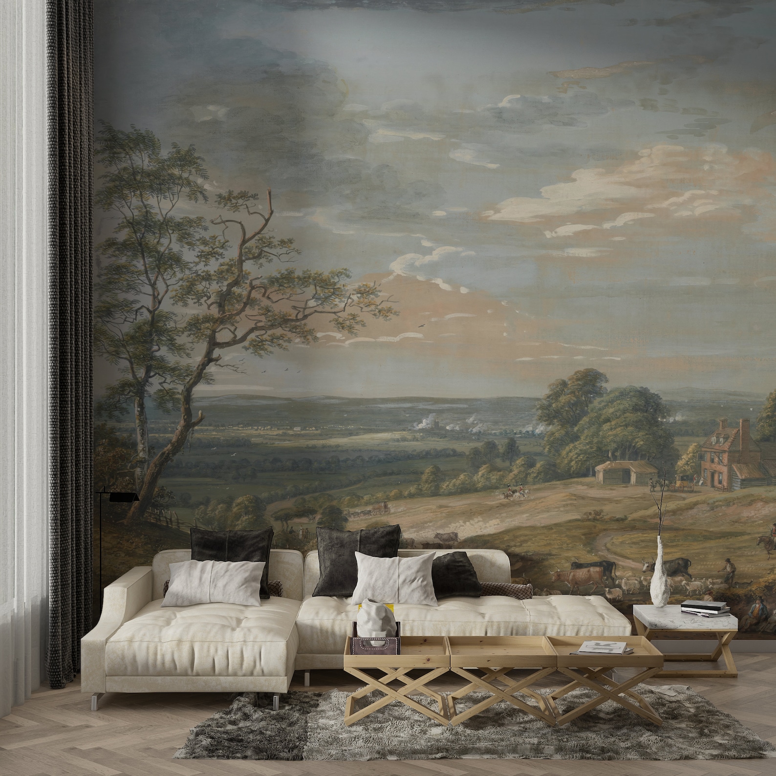 Watercolor Distant View Painting Wallpaper, Vintage Rural Painting ...