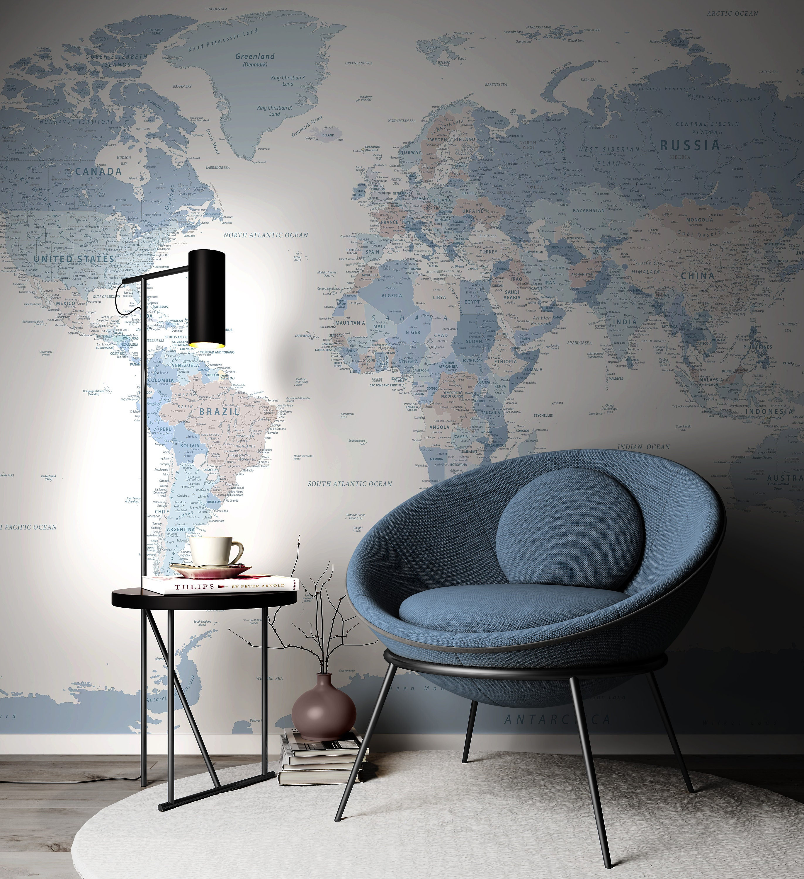 Blue White Detailed World Map Wall Mural, Travel Map Wallpaper, World ...