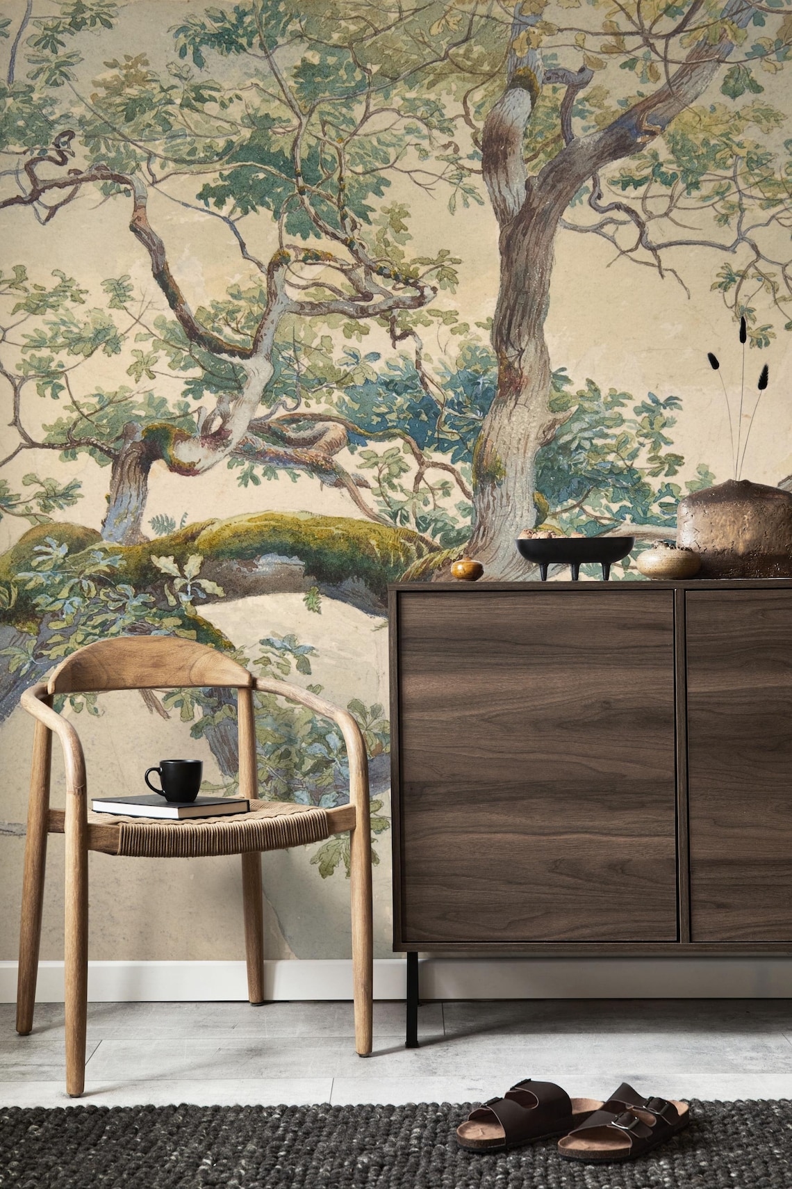Vintage Oak Tree Mural Wallpaper, Moss Green Botanical Peel and Stick ...