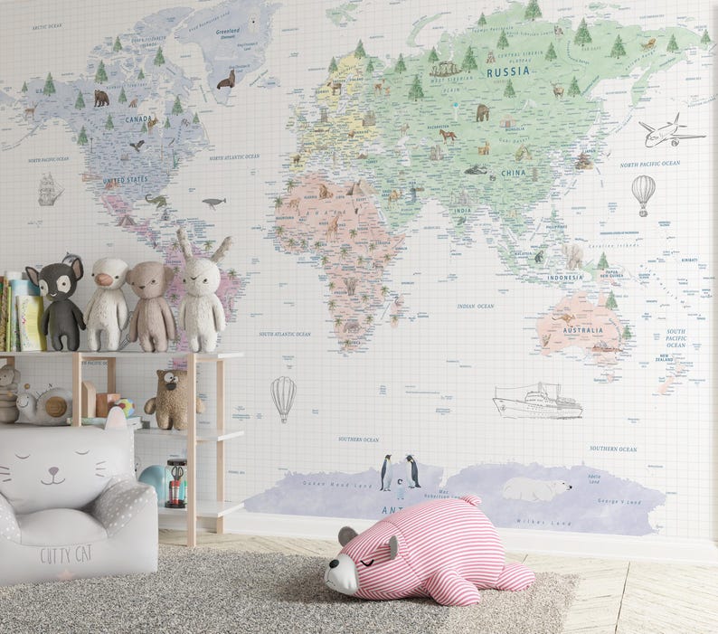 Educational Word Map Wallpaper Mural, Colorful World Map for Kids, USA ...