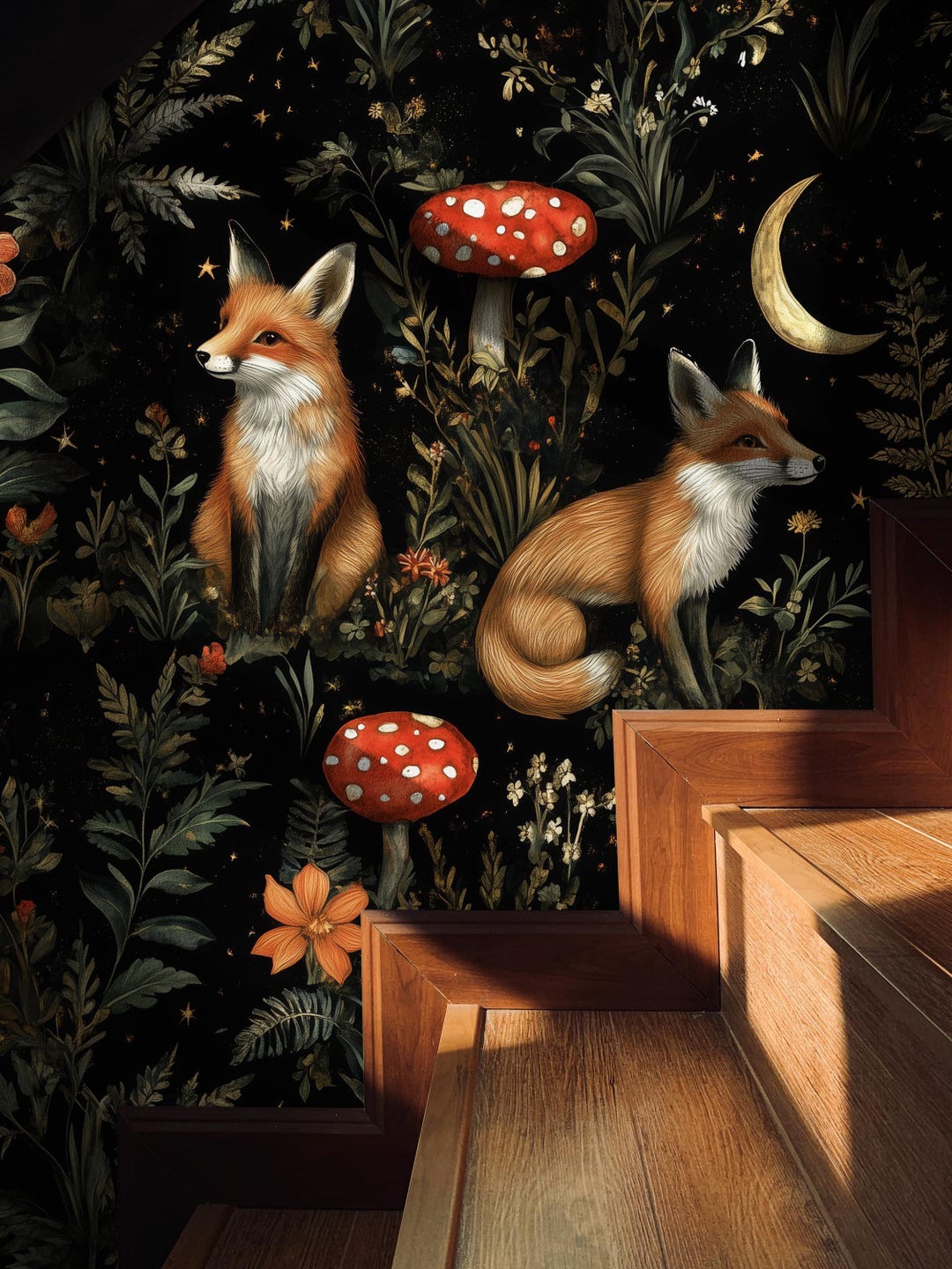 Mushroom Fox Peel and Stick Wallpaper, Botanical Night Mural - Etsy