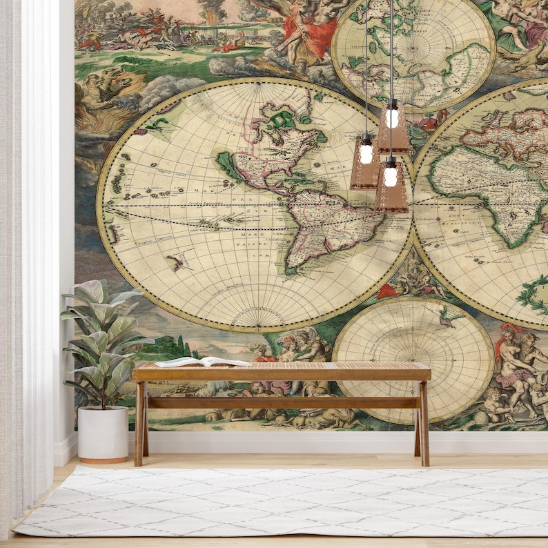 Old World Map 1682 Wall Art Print, Antique World Map Wallpaper, Vintage ...