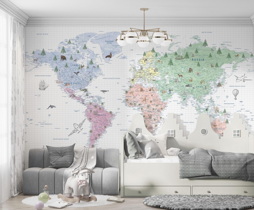 Educational Word Map Wallpaper Mural, Colorful World Map for Kids, USA ...