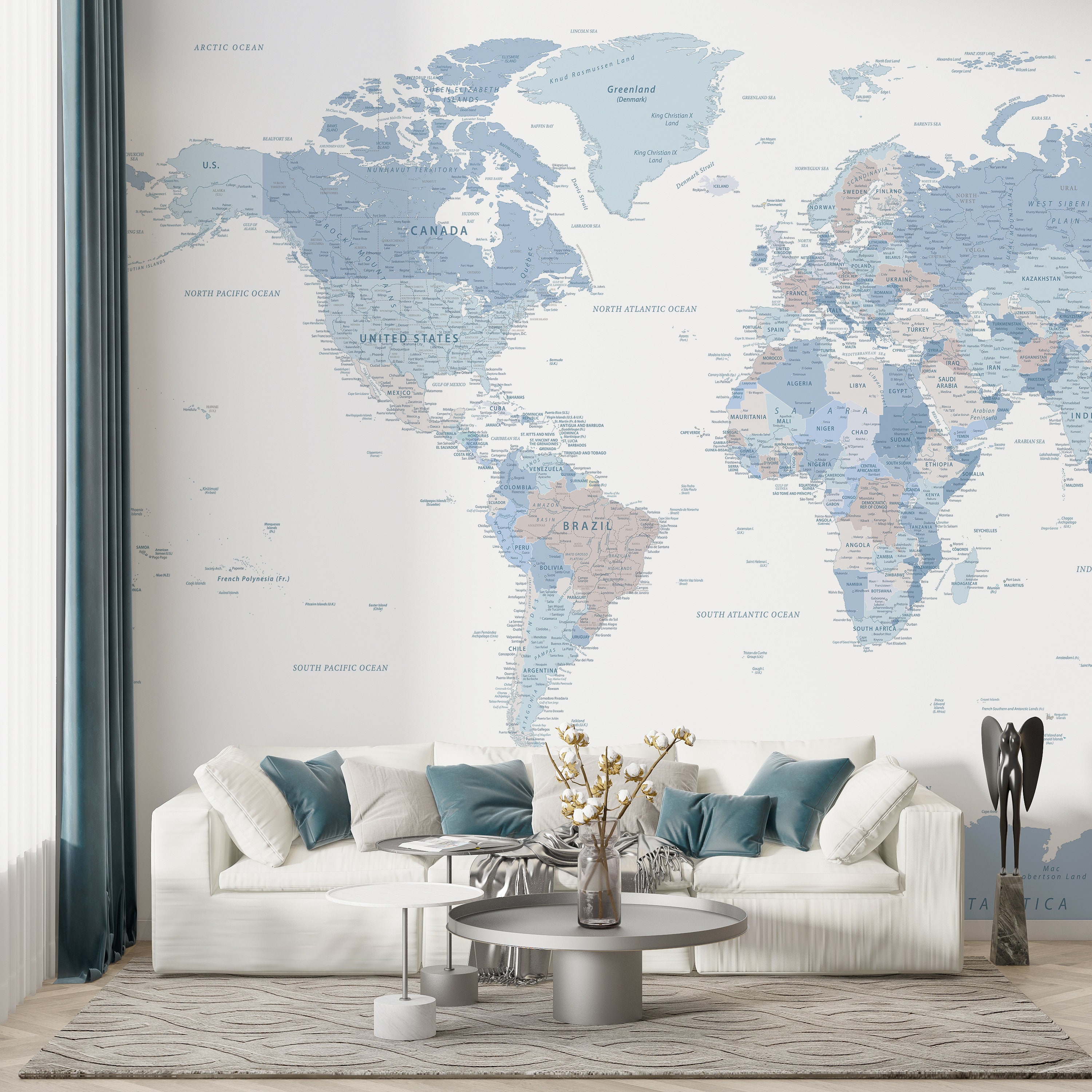 Blue White Detailed World Map Wall Mural, Travel Map Wallpaper, World ...