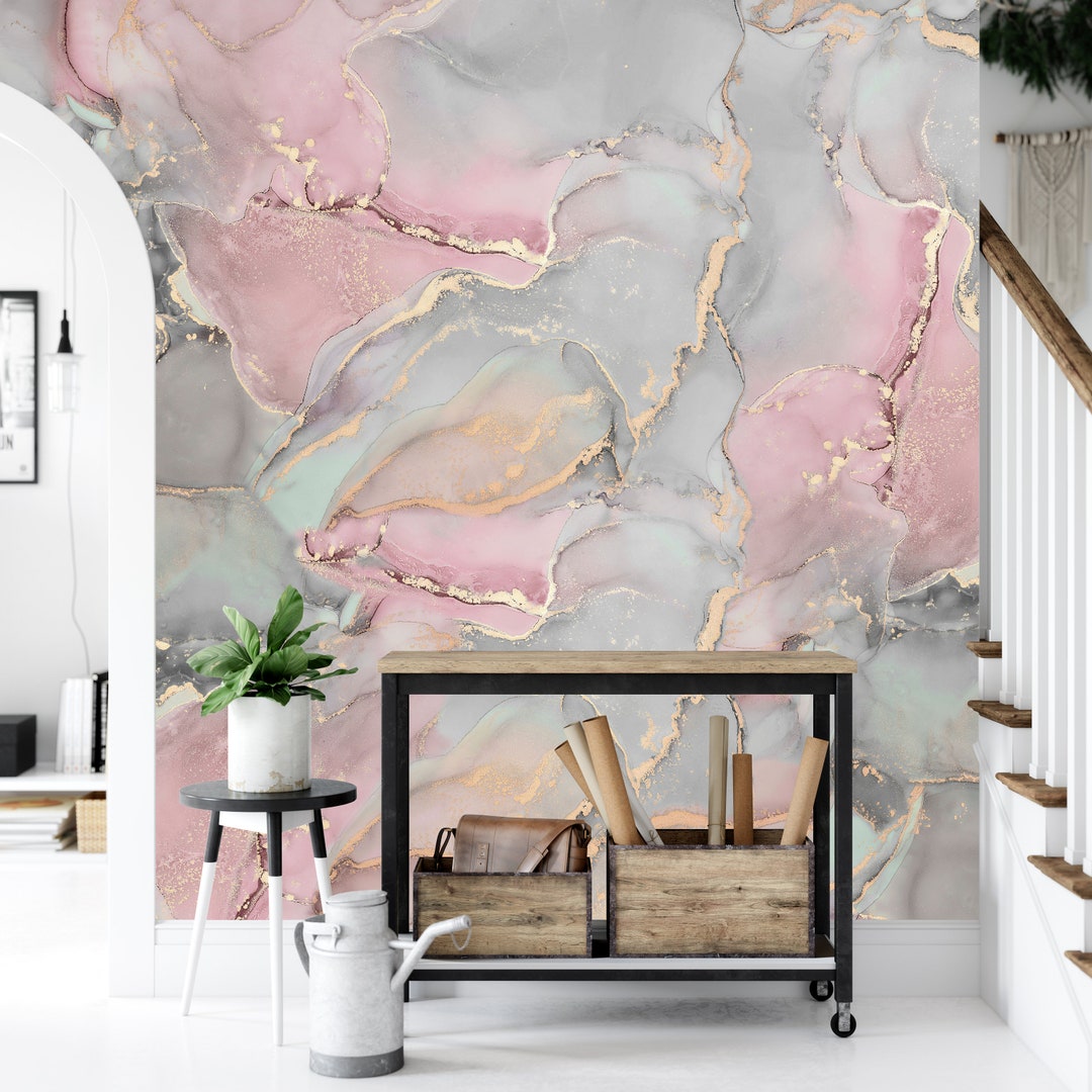 Gray Pink Marble Wallpaper, Modern Abstract Art, Removable or Peel and ...
