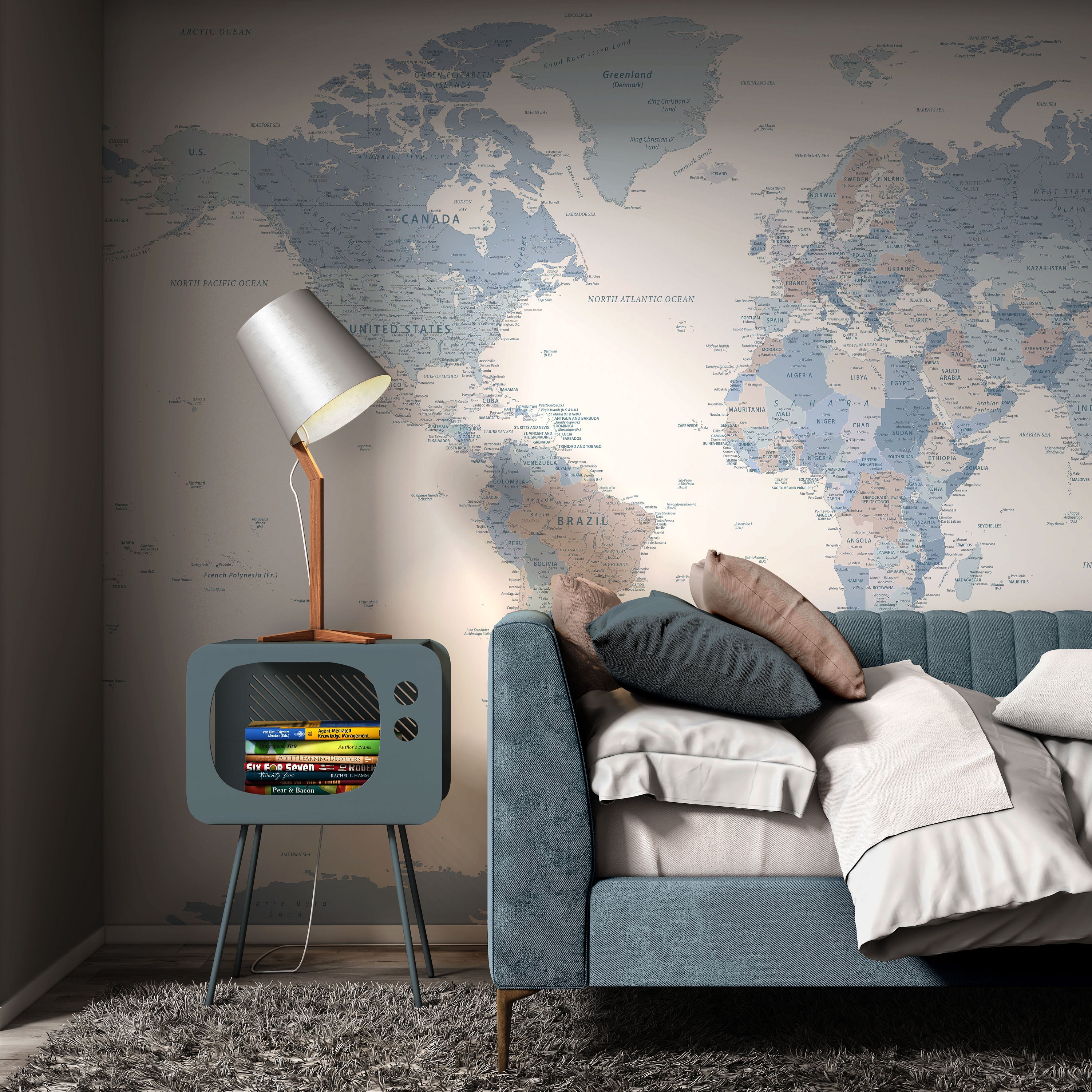 Blue White Detailed World Map Wall Mural, Travel Map Wallpaper, World ...