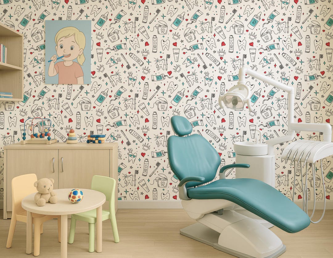Kids Dental Wallpaper, Teeth and Toothbrush Print, Playroom & Bathroom ...