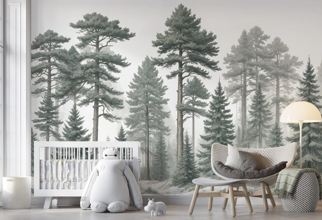 Forest Pine Tree Wallpaper Mural: Green Woodland Wall Decor - Etsy