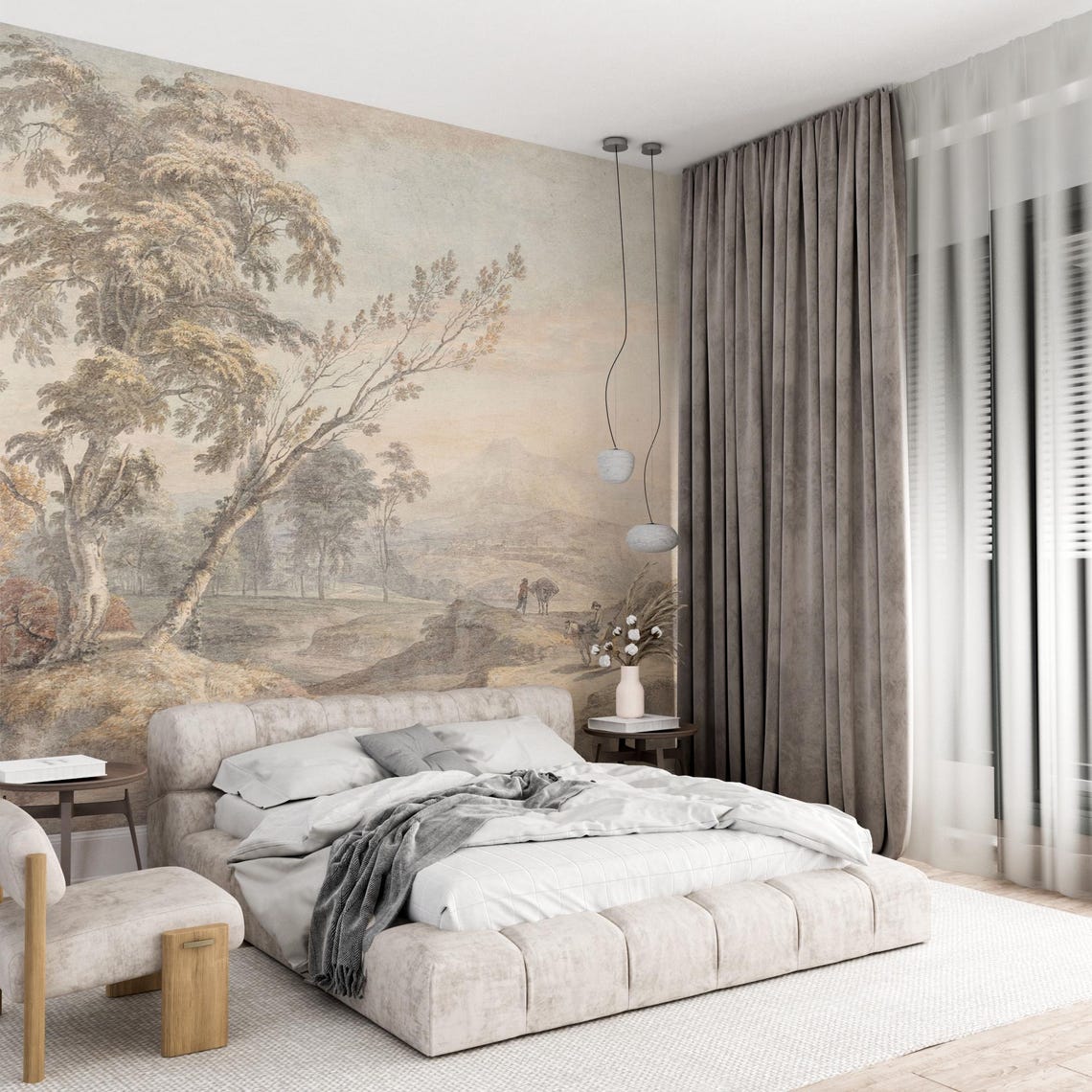 Vintage Tree Landscape Wallpaper Mural, Neutral Colors, Removable ...
