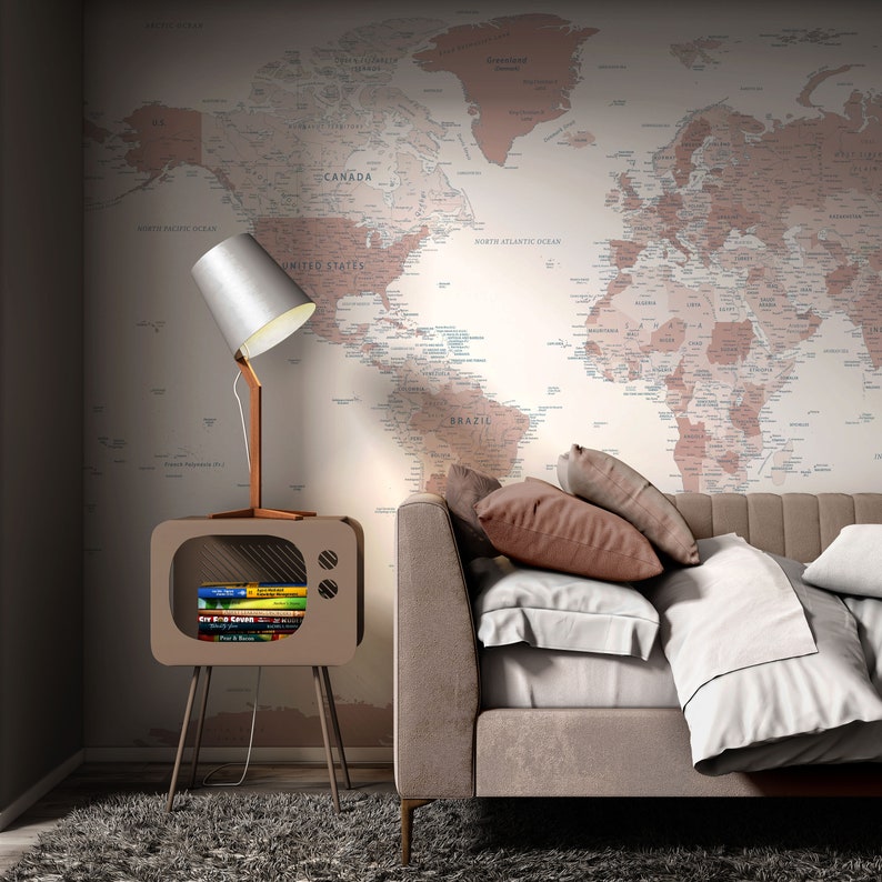 Beige World Map Wallpaper, Home Wall Decor Wallpaper, Customizable ...