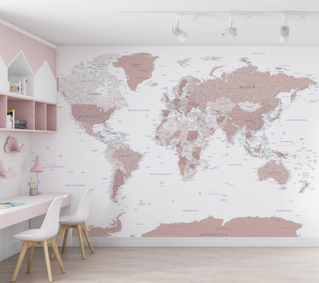 Beige World Map Wallpaper, Home Wall Decor Wallpaper, Customizable ...