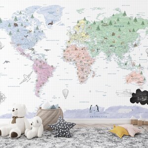 Educational Word Map Wallpaper Mural, Colorful World Map for Kids, USA ...