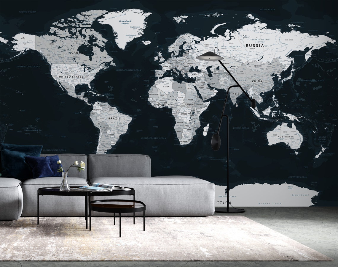 Dark World Map Wallpaper, Large World Map Wall Decal Sticker, Detailed ...