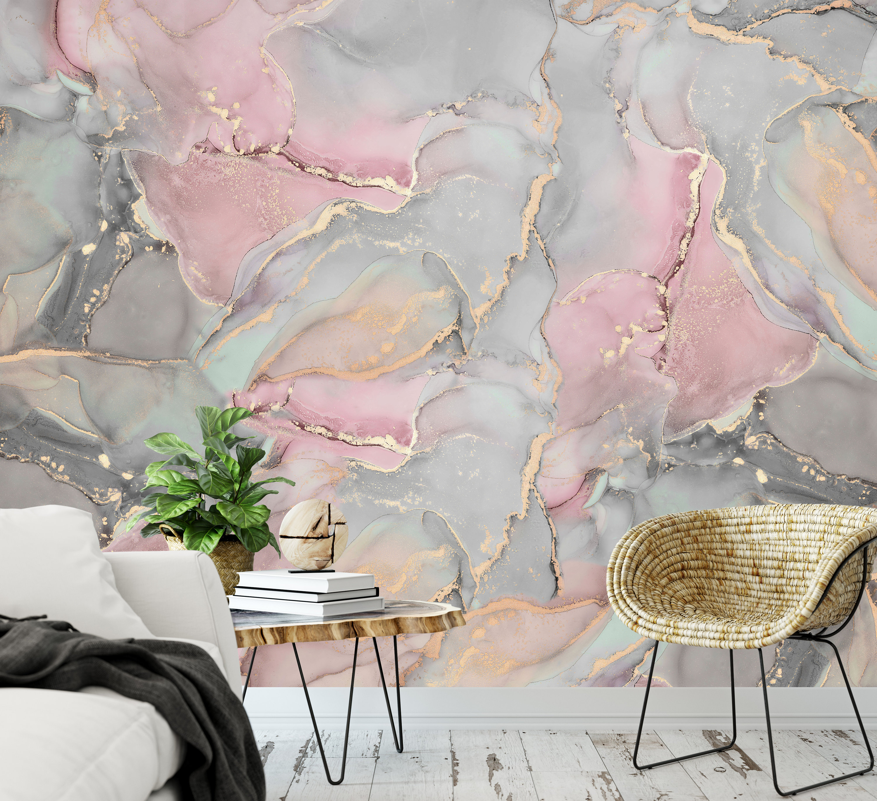 Gray Pink Marble Wallpaper, Modern Abstract Art, Removable or Peel and ...