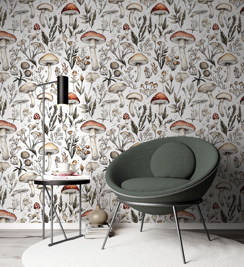 Mushroom Botanical Wallpaper | Cottagecore Fungi Wall Decor (peel and ...