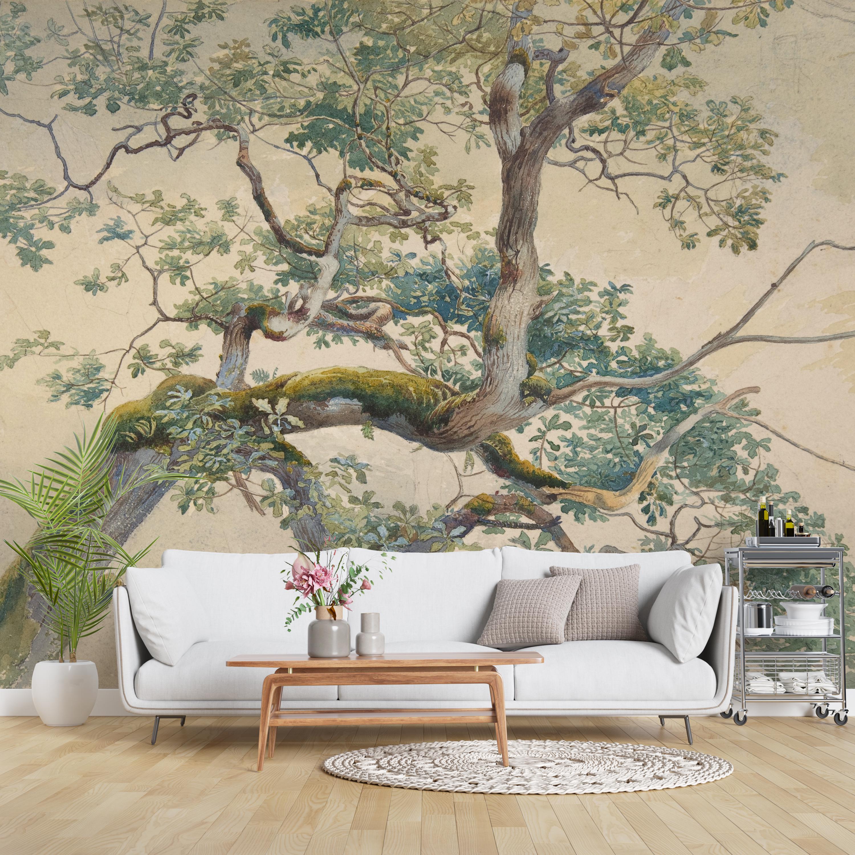 Vintage Oak Tree Mural Wallpaper, Moss Green Botanical Peel and Stick ...