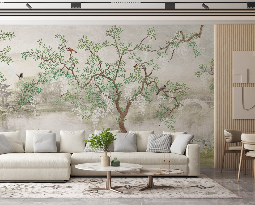 Vintage Chinoiserie Peel and Stick Wallpaper, Birds & Trees Wall Mural ...