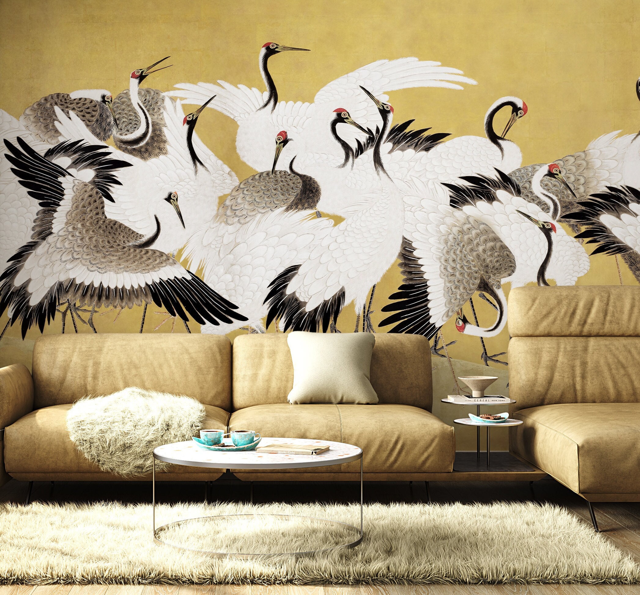 Flock of Cranes Wallpaper With Color Options, Vintage Crane Birds ...